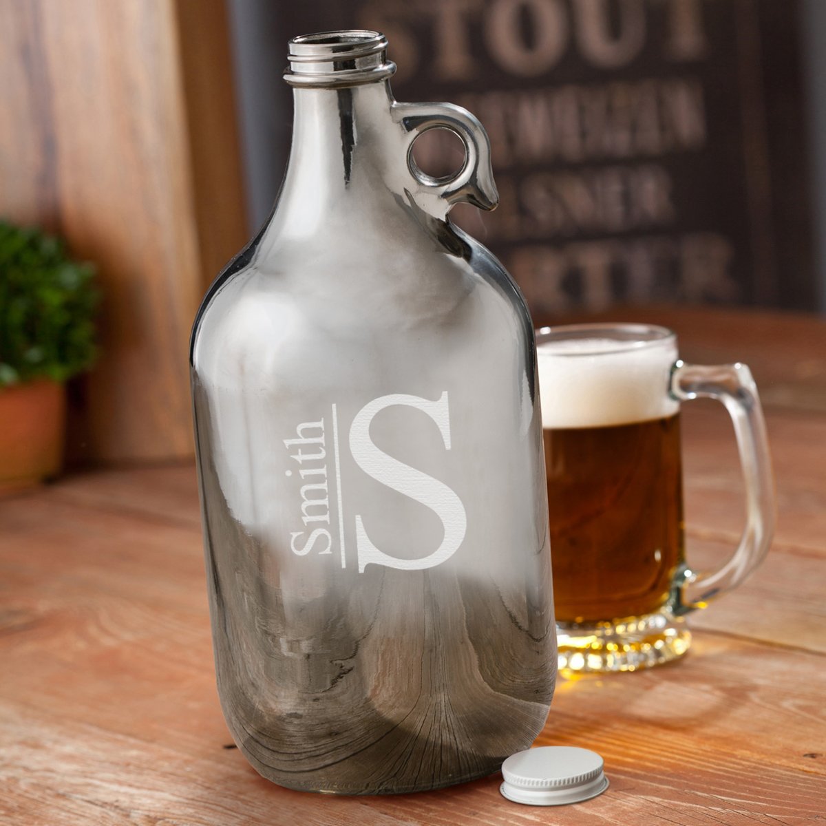 Personalized Beer Growler 64 oz, Engraved Beer Gifts for Beer Lovers and Enthusiasts - Unique Christmas Gifts for Dad, Men, Boyfriend, Teacher, Husband (Gunmetal, Modern Design)