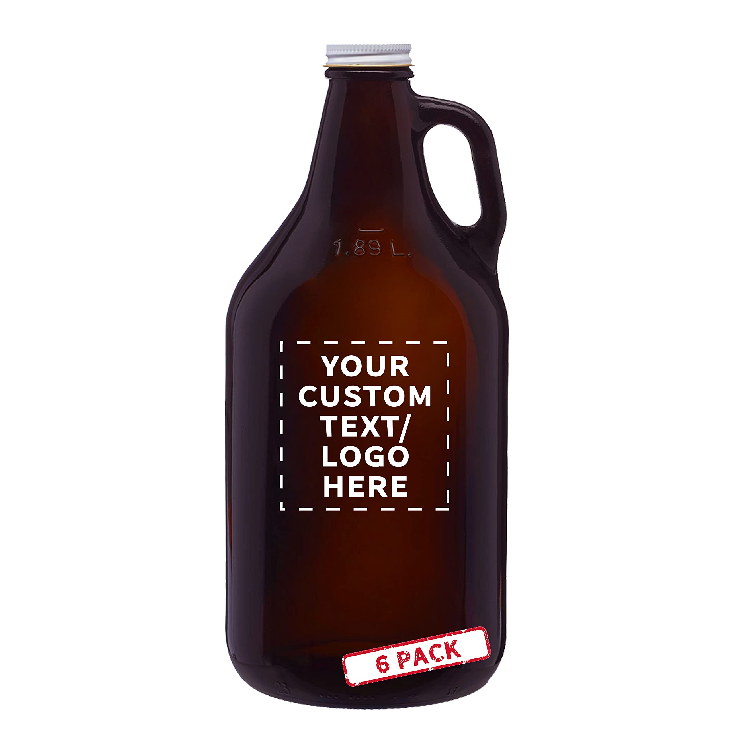 DISCOUNT PROMOS 6 Amber Glass Beer Growlers Set, 64 oz. - Customizable Text, Logo - Screw on Lid, Sturdy, Barware - Amber