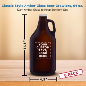 DISCOUNT PROMOS 6 Amber Glass Beer Growlers Set, 64 oz. - Customizable Text, Logo - Screw on Lid, Sturdy, Barware - Amber