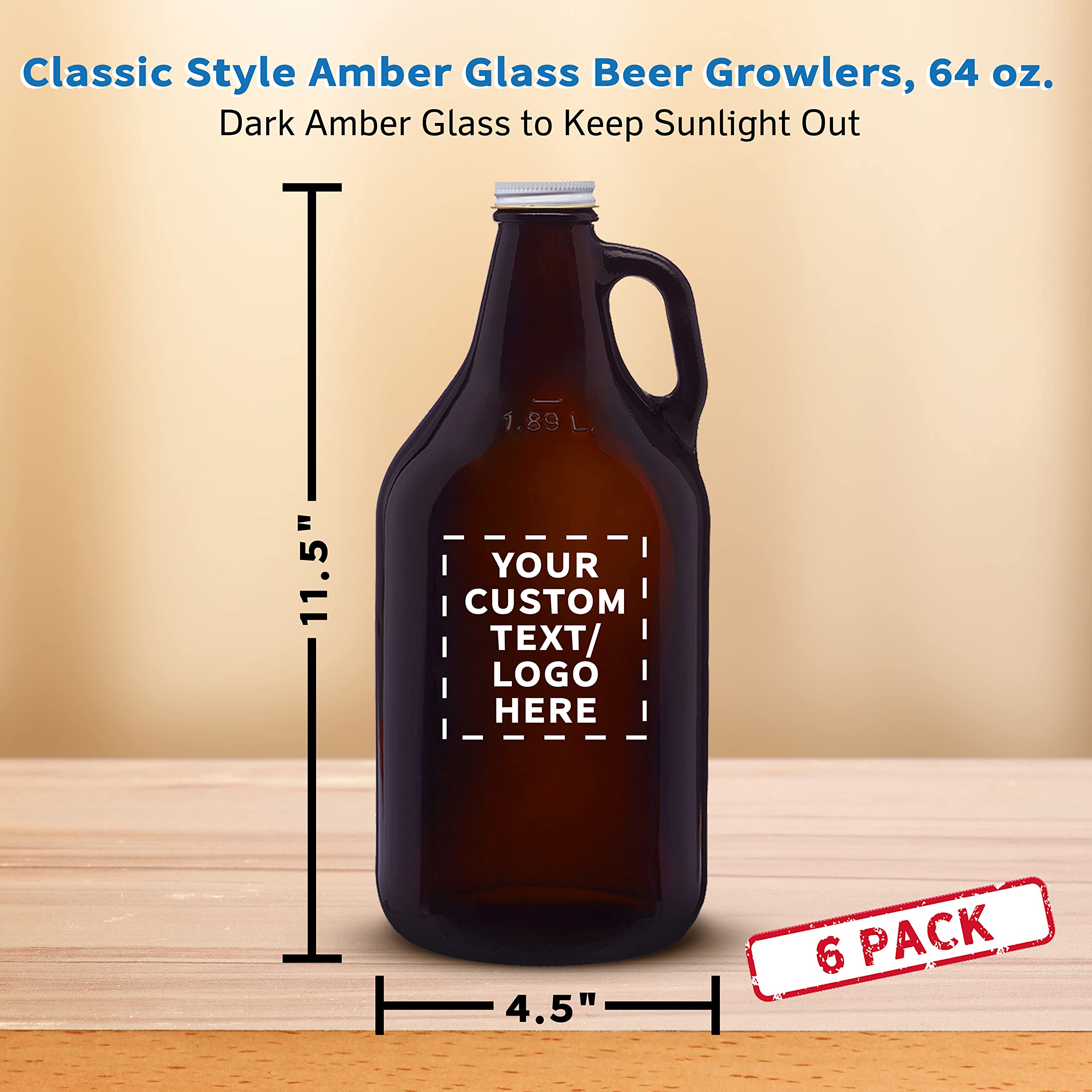 DISCOUNT PROMOS 6 Amber Glass Beer Growlers Set, 64 oz. - Customizable Text, Logo - Screw on Lid, Sturdy, Barware - Amber