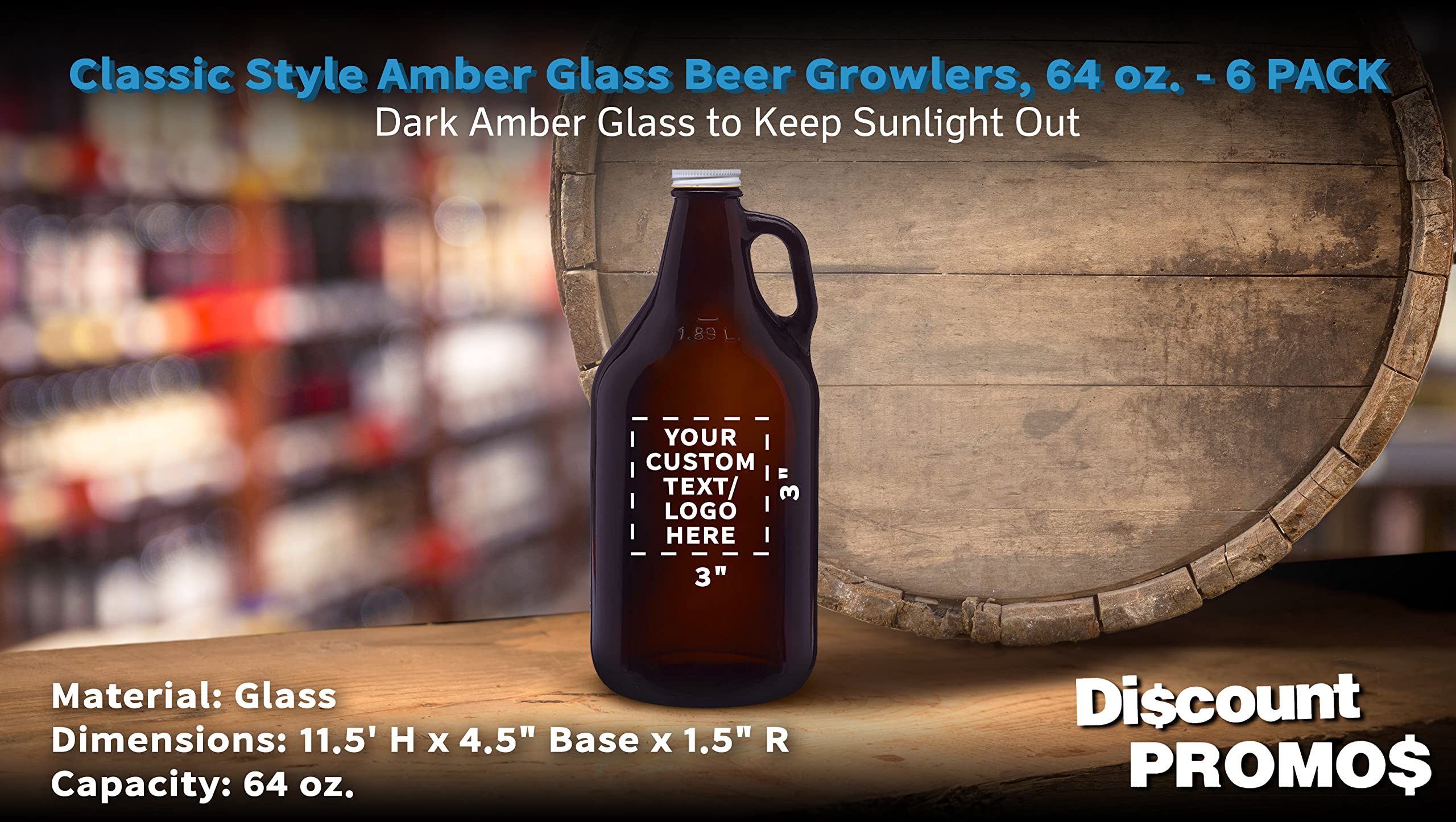 DISCOUNT PROMOS 6 Amber Glass Beer Growlers Set, 64 oz. - Customizable Text, Logo - Screw on Lid, Sturdy, Barware - Amber