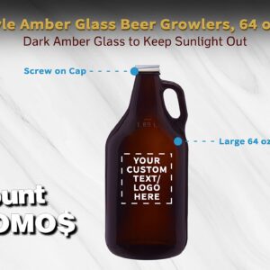 DISCOUNT PROMOS 6 Amber Glass Beer Growlers Set, 64 oz. - Customizable Text, Logo - Screw on Lid, Sturdy, Barware - Amber