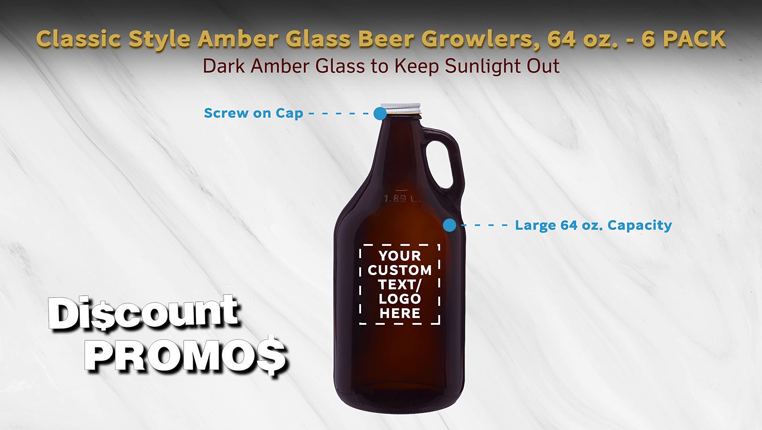 DISCOUNT PROMOS 6 Amber Glass Beer Growlers Set, 64 oz. - Customizable Text, Logo - Screw on Lid, Sturdy, Barware - Amber