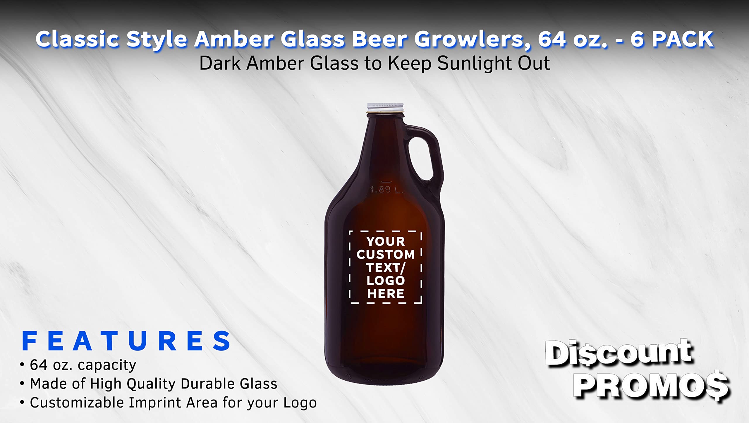 DISCOUNT PROMOS 6 Amber Glass Beer Growlers Set, 64 oz. - Customizable Text, Logo - Screw on Lid, Sturdy, Barware - Amber