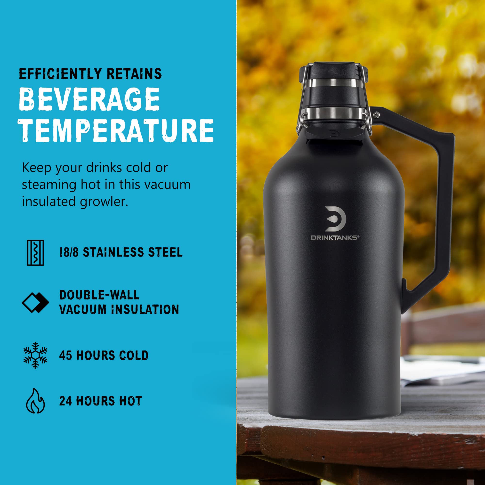 DrinkTanks Craft Growler, Passivated Stainless Steel Growlers for Beer, Leakproof and Vacuum Insulated Beverage Tumbler, Easy-to-Use Soda, Wine, or Coffee Tumbler with Handle, Obsidian, 128 Oz