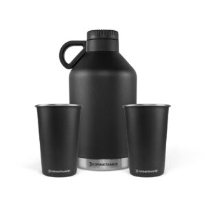 DrinkTanks - 64 oz Stainless Steel Growlers for Beer + 16 oz Stainless Steel Cups, Insulated Beer Growler w/ 2 Reusable Metal Solo Cup Set, High-Grade Stainless Steel, Set of 3, Obsidian