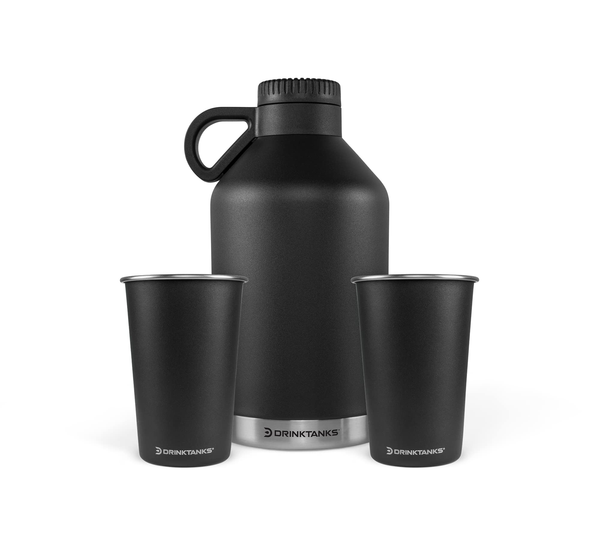 DrinkTanks - 64 oz Stainless Steel Growlers for Beer + 16 oz Stainless Steel Cups, Insulated Beer Growler w/ 2 Reusable Metal Solo Cup Set, High-Grade Stainless Steel, Set of 3, Obsidian