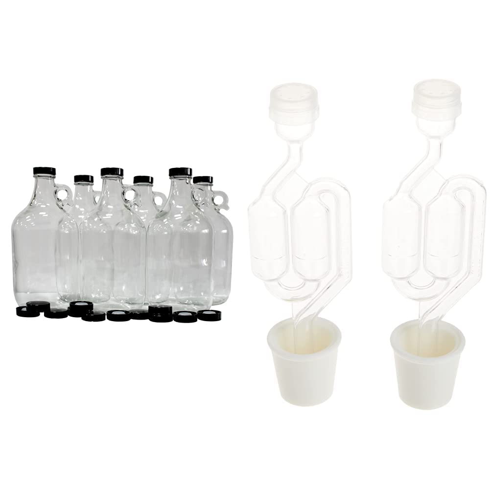 FastRack 64 oz Growler, 1/2 Gallon Glass Beer Growler, Half Gallon Glass Jug, 1/2 Gallon Glass Jug, Set of 6, Comes with 12 Extra Poly Seal Caps & Twin Bubble Airlock and Carboy Bung (Pack of 2)