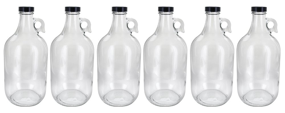 FastRack 64 oz Growler, 1/2 Gallon Glass Beer Growler, Half Gallon Glass Jug, 1/2 Gallon Glass Jug, Set of 6, Comes with 12 Extra Poly Seal Caps & Twin Bubble Airlock and Carboy Bung (Pack of 2)