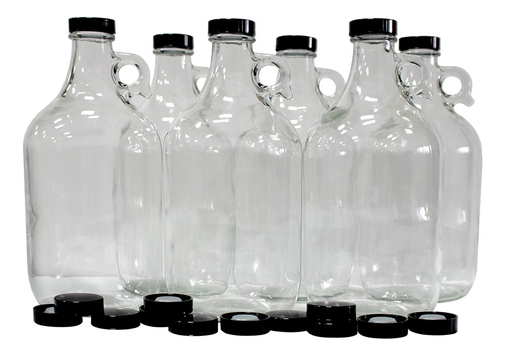 FastRack 64 oz Growler, 1/2 Gallon Glass Beer Growler, Half Gallon Glass Jug, 1/2 Gallon Glass Jug, Set of 6, Comes with 12 Extra Poly Seal Caps & Twin Bubble Airlock and Carboy Bung (Pack of 2)