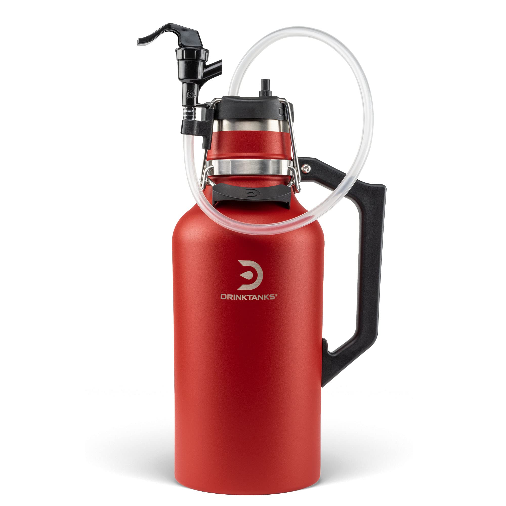 DrinkTanks® Travel Keg - 64 oz Growler with CO2 Dispensing Keg Cap for Carbonated Craft Beverages; Camping, Tailgating, Water Bottle Shares, BBQs, Boating & Adventure (Crimson)