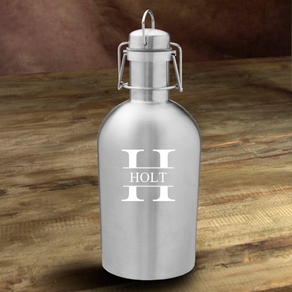 Personalized Beer Growler (Silver, Stamped Design), 64 oz Stainless Steel Single Wall Bottle Ideal for Camping, Travel - Unique Gift Idea