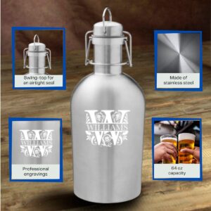 Personalized Beer Growler (Silver, Stamped Design), 64 oz Stainless Steel Single Wall Bottle Ideal for Camping, Travel - Unique Gift Idea