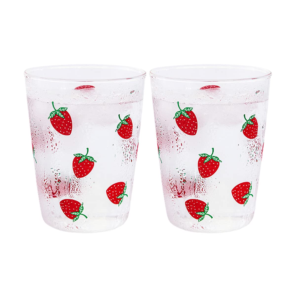 Sizikato Set of 2 Clear Glass Tumbler, 11 Oz Iced Tea Glass, Cute Strawberry Pattern