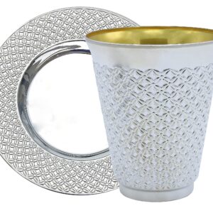 Exquisite 100 Pcs - 50 Sets of 5.5 oz Disposable Plastic Kiddush Cup and Tatz Silver Cup and Saucer Set for Passover, Shabbat, Wedding, Brit and Year Round - Bulk Pack