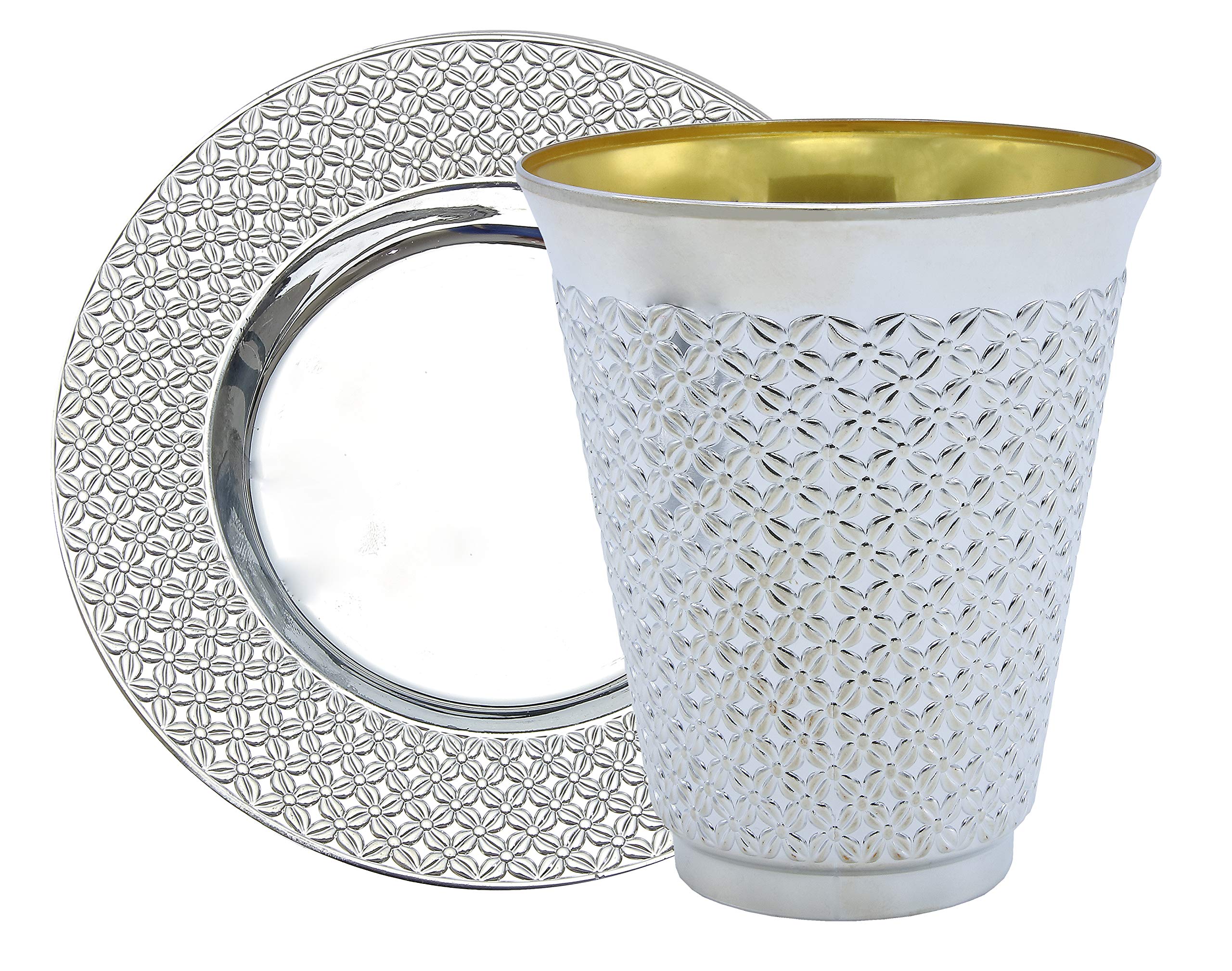 Exquisite 100 Pcs - 50 Sets of 5.5 oz Disposable Plastic Kiddush Cup and Tatz Silver Cup and Saucer Set for Passover, Shabbat, Wedding, Brit and Year Round - Bulk Pack