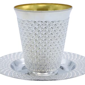 Exquisite 100 Pcs - 50 Sets of 5.5 oz Disposable Plastic Kiddush Cup and Tatz Silver Cup and Saucer Set for Passover, Shabbat, Wedding, Brit and Year Round - Bulk Pack