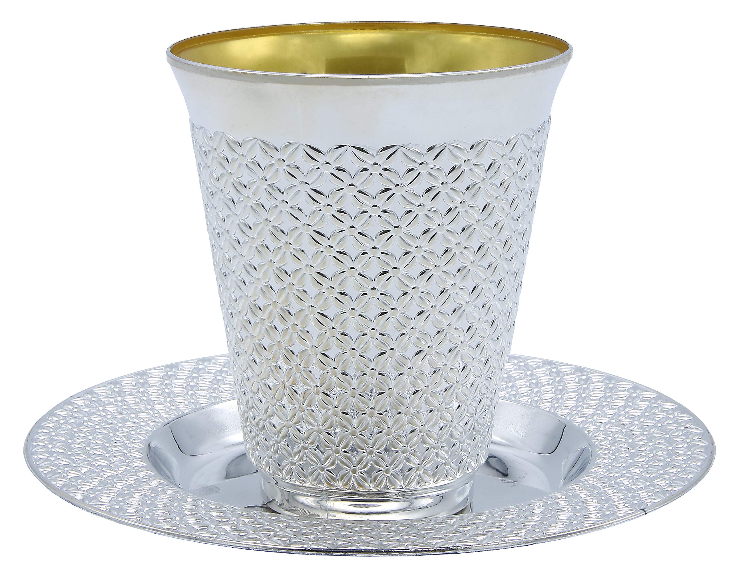 Exquisite 100 Pcs - 50 Sets of 5.5 oz Disposable Plastic Kiddush Cup and Tatz Silver Cup and Saucer Set for Passover, Shabbat, Wedding, Brit and Year Round - Bulk Pack