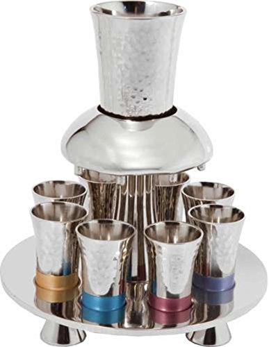 Yair Emanuel Nickel Kiddush Cup & Fountain Set with Multicolor Hammer Work Tray, Silver (8 Items)