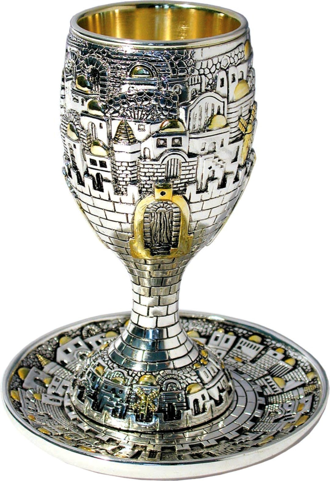 Silver Plated KIDDUSH CUP with Matching Tray Jewish Shabbat Set Jerusalem Of Gold Judaica Gift Large