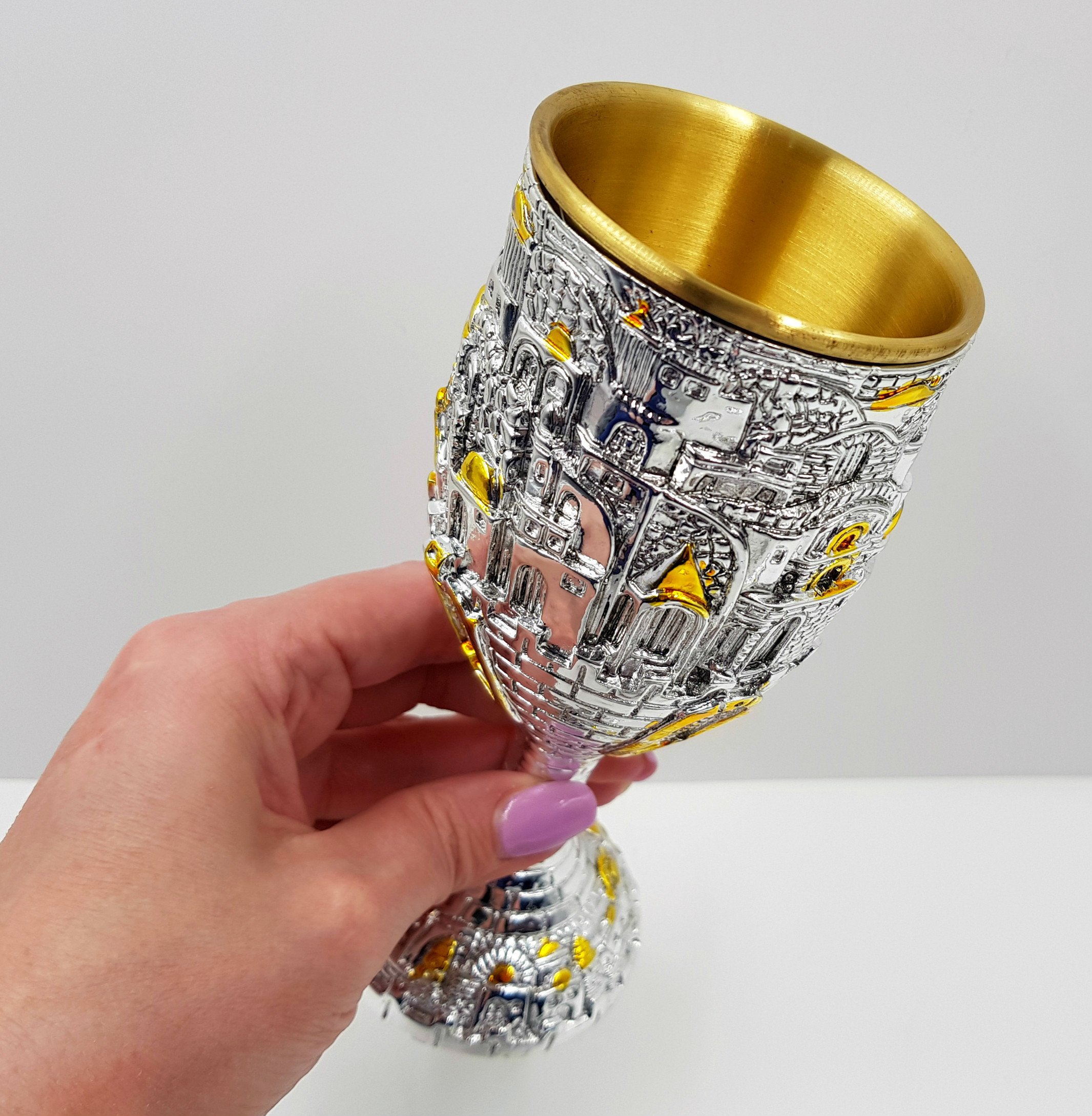 Silver Plated KIDDUSH CUP with Matching Tray Jewish Shabbat Set Jerusalem Of Gold Judaica Gift Large