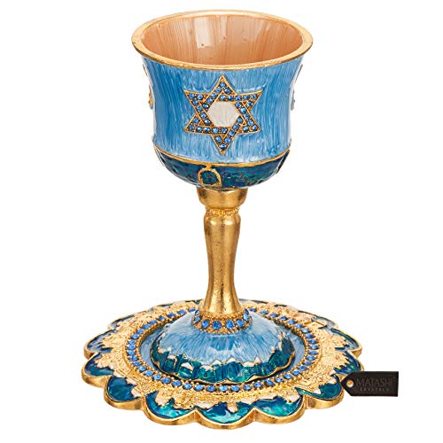 Matashi Hand-Painted Enamel Tall 5" Kiddush Cup Set with Stem and Tray Embellished with Crystals and Star of David Design for Weddings Shabbat Havdalah Passover Goblet Judaica Gift Blessings Cup