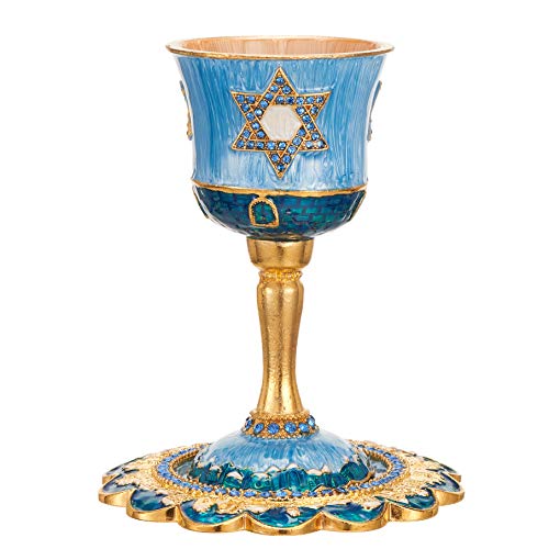 Matashi Hand-Painted Enamel Tall 5" Kiddush Cup Set with Stem and Tray Embellished with Crystals and Star of David Design for Weddings Shabbat Havdalah Passover Goblet Judaica Gift Blessings Cup