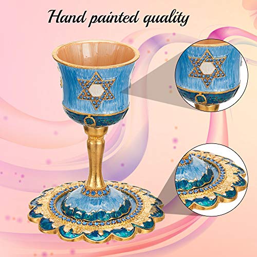 Matashi Hand-Painted Enamel Tall 5" Kiddush Cup Set with Stem and Tray Embellished with Crystals and Star of David Design for Weddings Shabbat Havdalah Passover Goblet Judaica Gift Blessings Cup