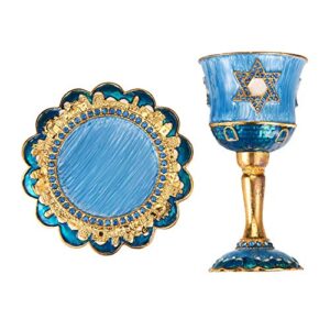 Matashi Hand-Painted Enamel Tall 5" Kiddush Cup Set with Stem and Tray Embellished with Crystals and Star of David Design for Weddings Shabbat Havdalah Passover Goblet Judaica Gift Blessings Cup