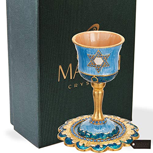 Matashi Hand-Painted Enamel Tall 5" Kiddush Cup Set with Stem and Tray Embellished with Crystals and Star of David Design for Weddings Shabbat Havdalah Passover Goblet Judaica Gift Blessings Cup