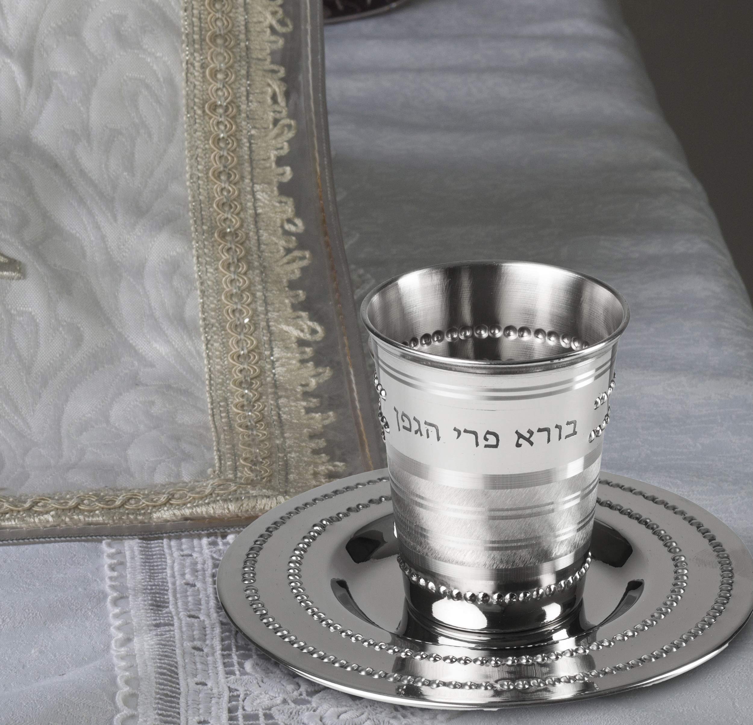 Ner Mitzvah Kiddush Cup and Tray - Premium Quality Stainless Steel Wine Cup - For Shabbat and Havdalah - Judaica Shabbos and Holiday Gift