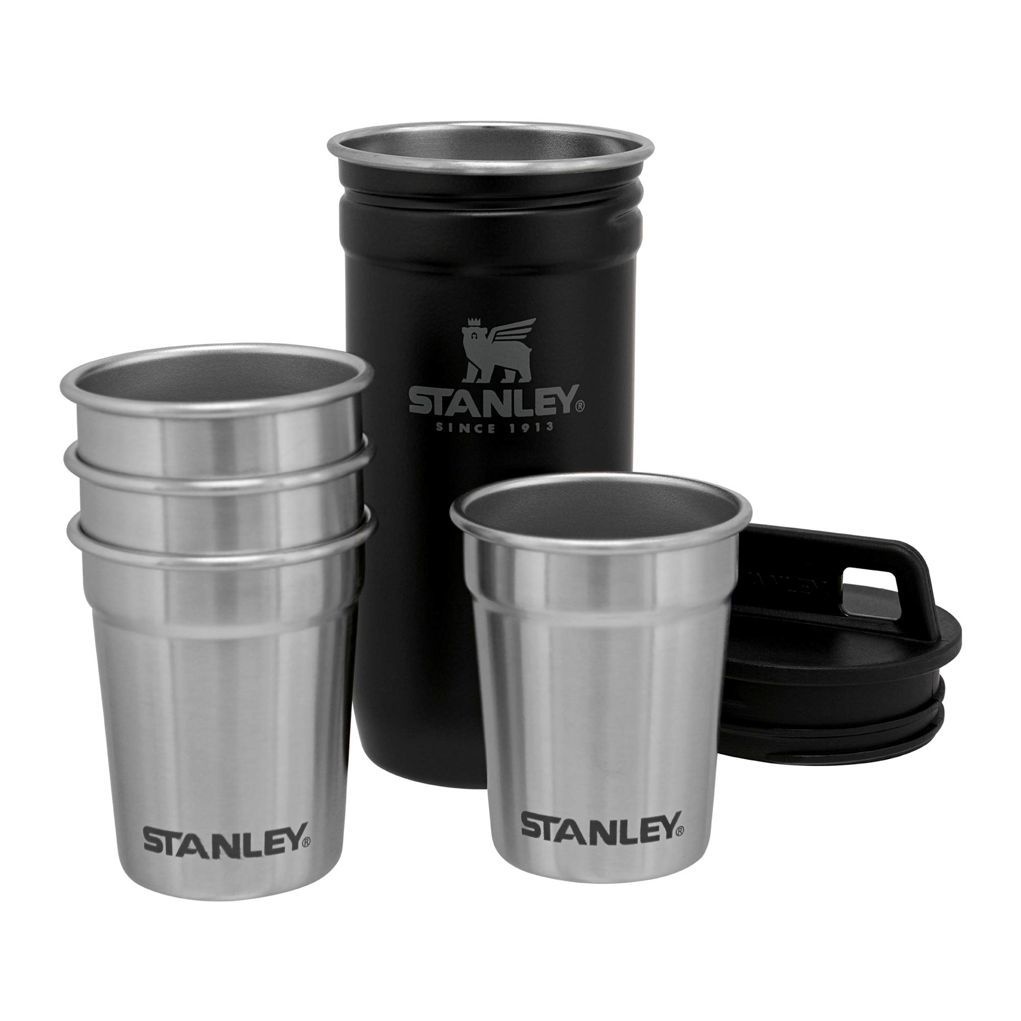 Stanley Adventure Nesting Shot Glass Set, 4 Stainless Steel Shot Glasses with Rugged Metal Travel Carry Case, Camping Gifts, Matte Black, 2oz