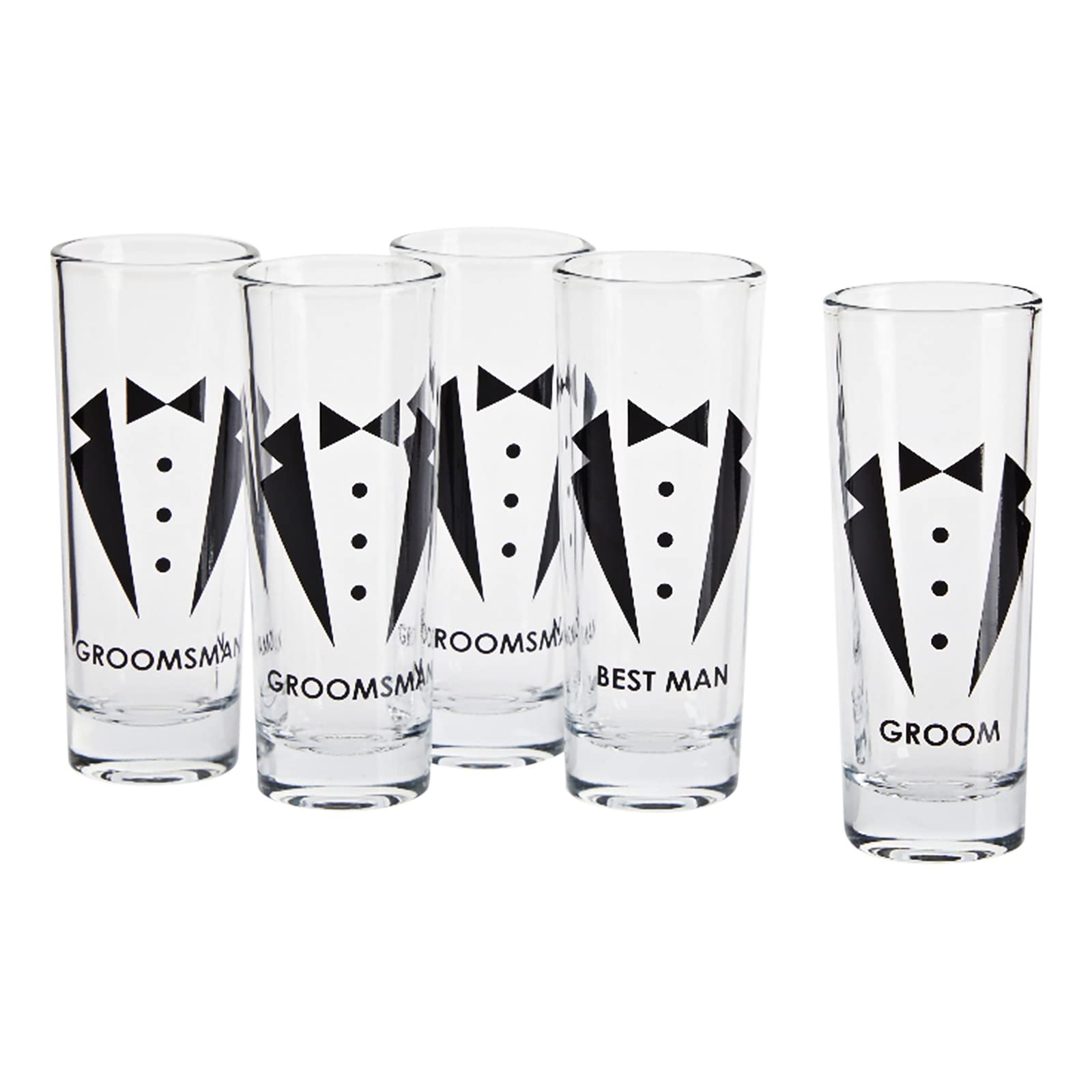 BLUE PANDA Set of 5 Groomsmen Shot Glasses with Tuxedos for Bachelor Party Decorations and Favors or Groomsmen Gifts, Wedding Shot Glasses, Heavy Base for Tequila, Whiskey, Vodka (2 oz Each)