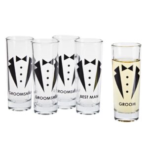 BLUE PANDA Set of 5 Groomsmen Shot Glasses with Tuxedos for Bachelor Party Decorations and Favors or Groomsmen Gifts, Wedding Shot Glasses, Heavy Base for Tequila, Whiskey, Vodka (2 oz Each)