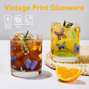 Floral Double Old Fashioned Glass Set of 6 (DOF) Drinking Glasses 13.5oz Made From Premium Borosilicate Lowball Glass Whiskey Tumbler, for daily use, Whiskey, Juice, Cocktails, Beer&Mixed Drinkware…