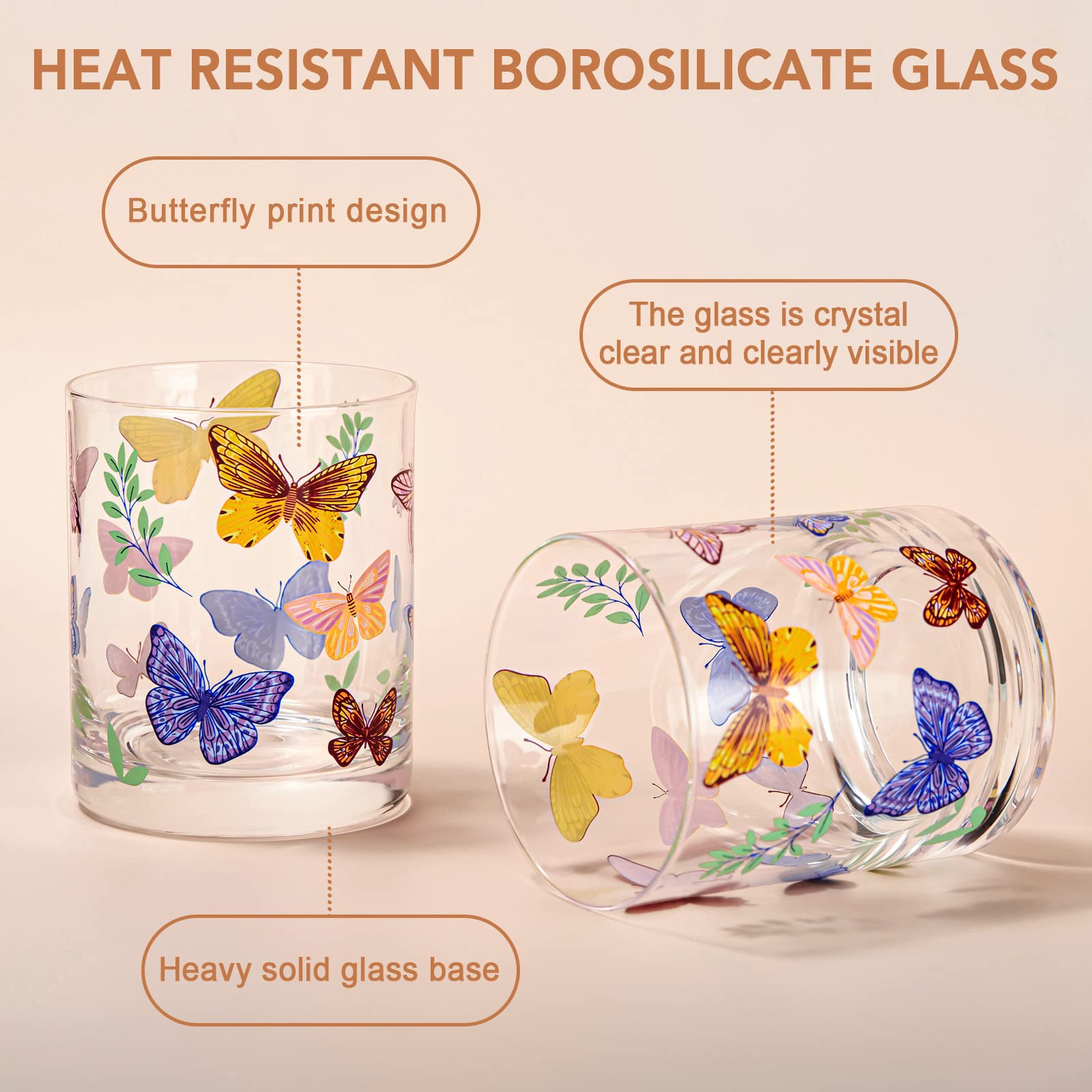 Floral Double Old Fashioned Glass Set of 6 (DOF) Drinking Glasses 13.5oz Made From Premium Borosilicate Lowball Glass Whiskey Tumbler, for daily use, Whiskey, Juice, Cocktails, Beer&Mixed Drinkware…