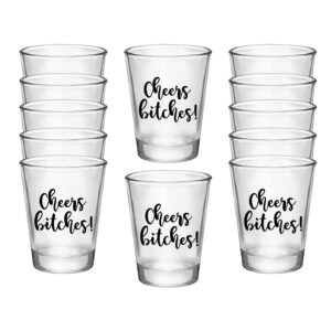 cheers bitches! girls shot glass, 1.75oz - set of 12 perfect birthday shot glasses for women, bachelorette party shot glasses, funny shot glasses for adults, birthday shot glass, cute shot glasses