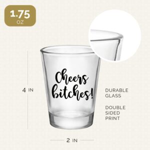 Cheers Bitches! Girls Shot Glass, 1.75oz - Set of 12 Perfect Birthday Shot Glasses for Women, Bachelorette Party Shot Glasses, Funny Shot Glasses for Adults, Birthday Shot Glass, Cute Shot Glasses