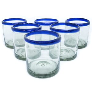 mexhandcraft cobalt blue rim 8 oz dof rock glasses (set of 6), recycled glass, lead-free, toxin-free (dof rocks)