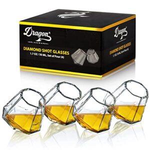 dragon glassware shot glasses, clear diamond shaped glass set, cute and unique barware, naturally aerates, dishwasher safe, 2 oz capacity, set of 4