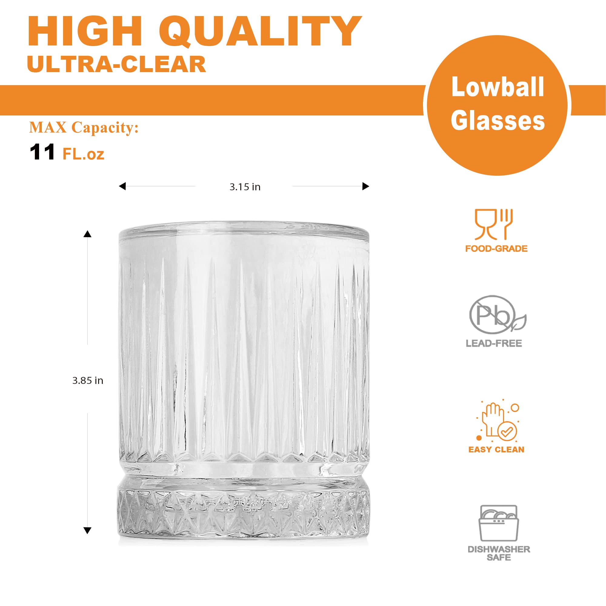 LUXU Lowball Glasses Set of 4,Old Fashioned Heavy Base Glassware For Whiskey and Alcohol Drinks,Rock Style Tumbler for Water/Juice and Milk,Cocktail Cups For Mixed Drinks(11oz)