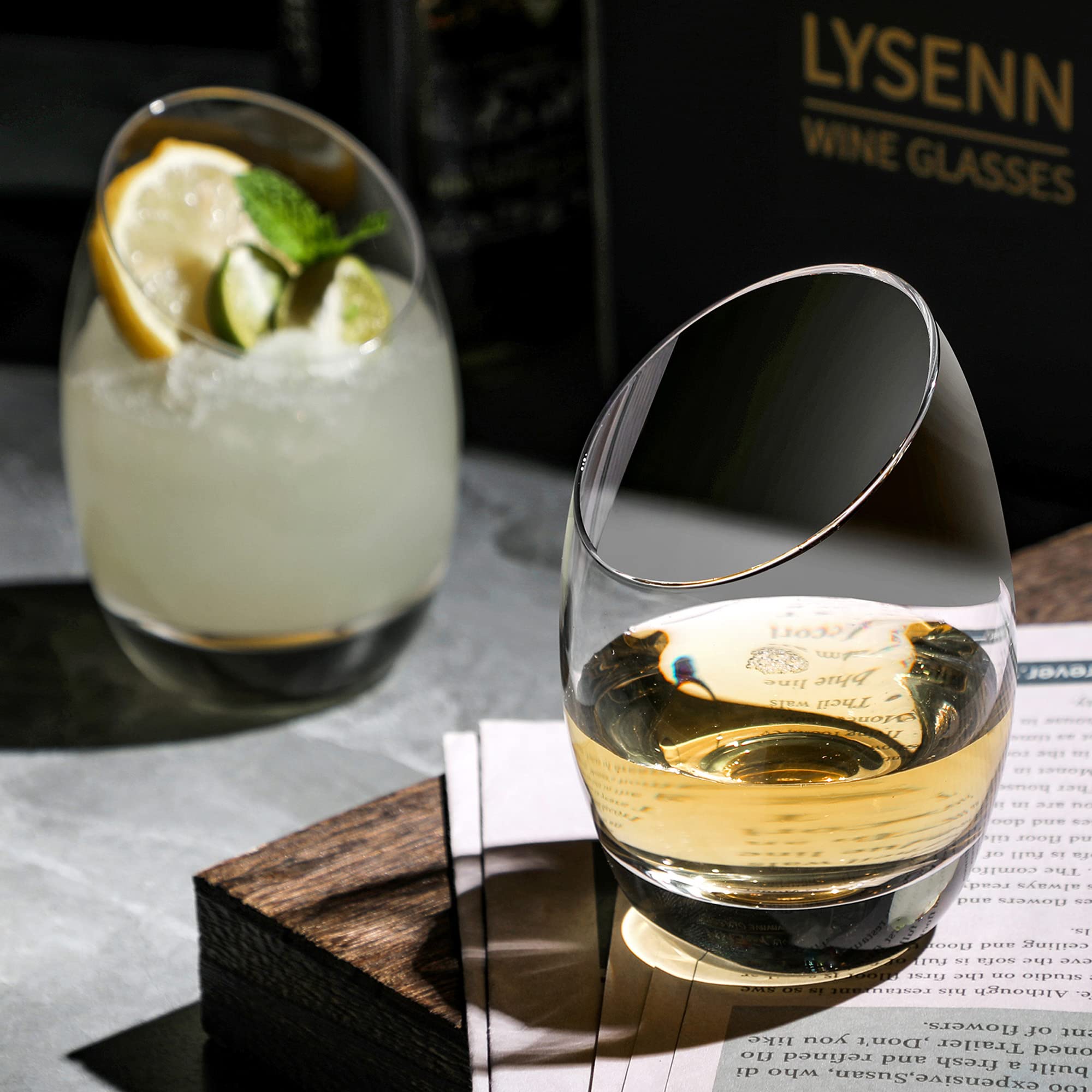 Lysenn Stemless Wine Glasses Set of 2 - Designer Hand Blown Crystal Whiskey Glasses - Unique Gold Base and Tilted Rim Brandy Snifter for Red Wine, Cocktails, Bourbon and Champagne – 10 oz.