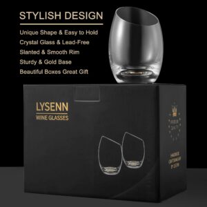 Lysenn Stemless Wine Glasses Set of 2 - Designer Hand Blown Crystal Whiskey Glasses - Unique Gold Base and Tilted Rim Brandy Snifter for Red Wine, Cocktails, Bourbon and Champagne – 10 oz.