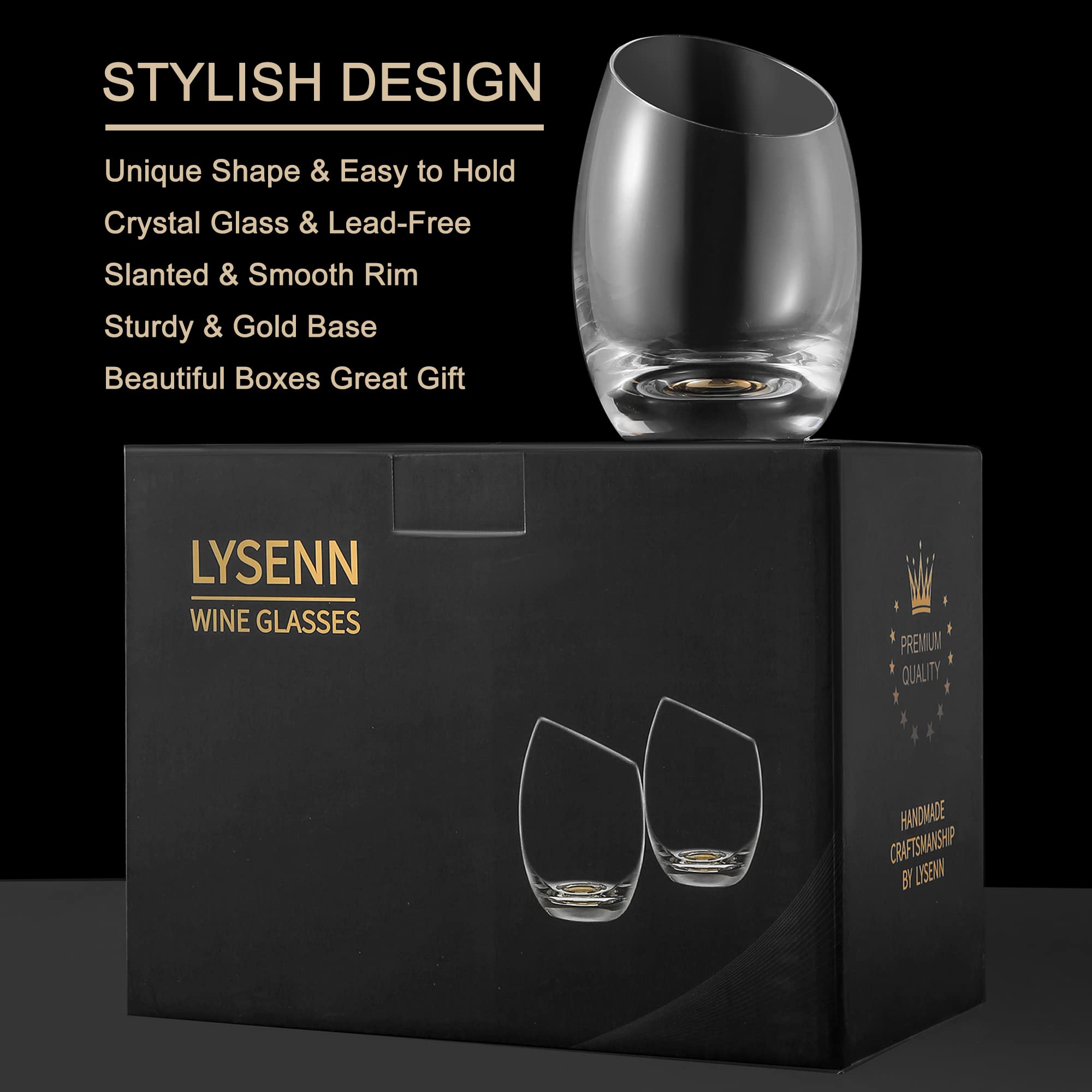 Lysenn Stemless Wine Glasses Set of 2 - Designer Hand Blown Crystal Whiskey Glasses - Unique Gold Base and Tilted Rim Brandy Snifter for Red Wine, Cocktails, Bourbon and Champagne – 10 oz.