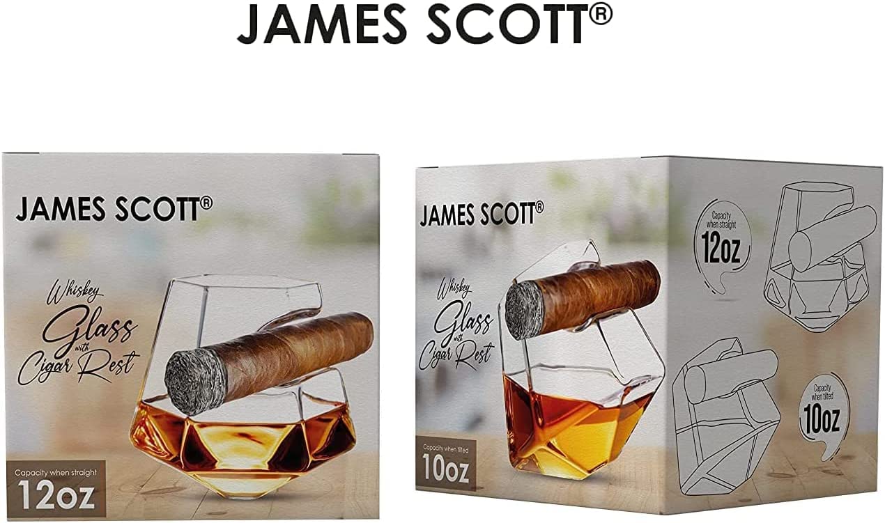 James Scott Whiskey Glass, Old Fashioned Glasses with Cigar Rest, Gifts for Men