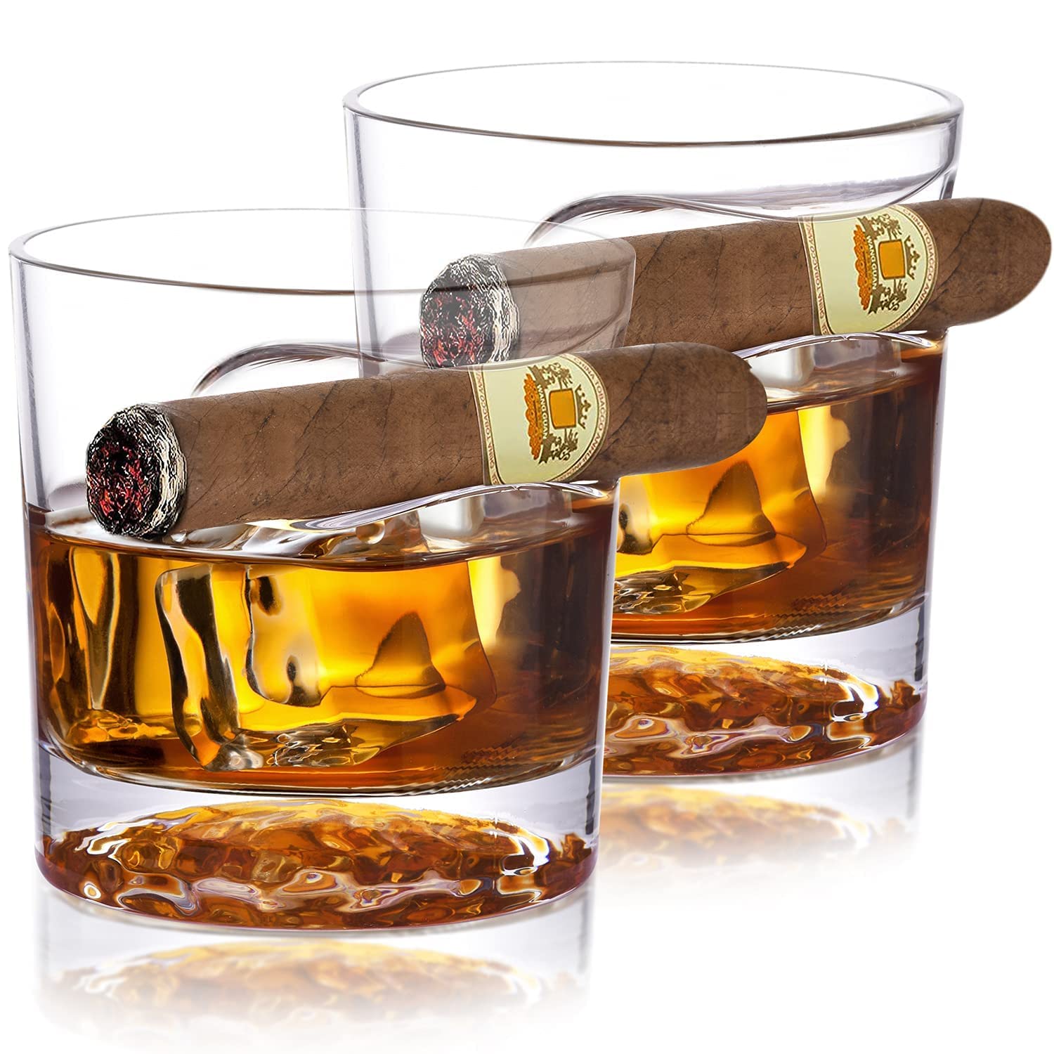 Chouggo Cigar Whiskey Glasses - Unique Ice Ball Bottom Design - Old Fashioned Whiskey Glasses Set of 2, Great Gifts for Dad from Daughter, Son, Wife