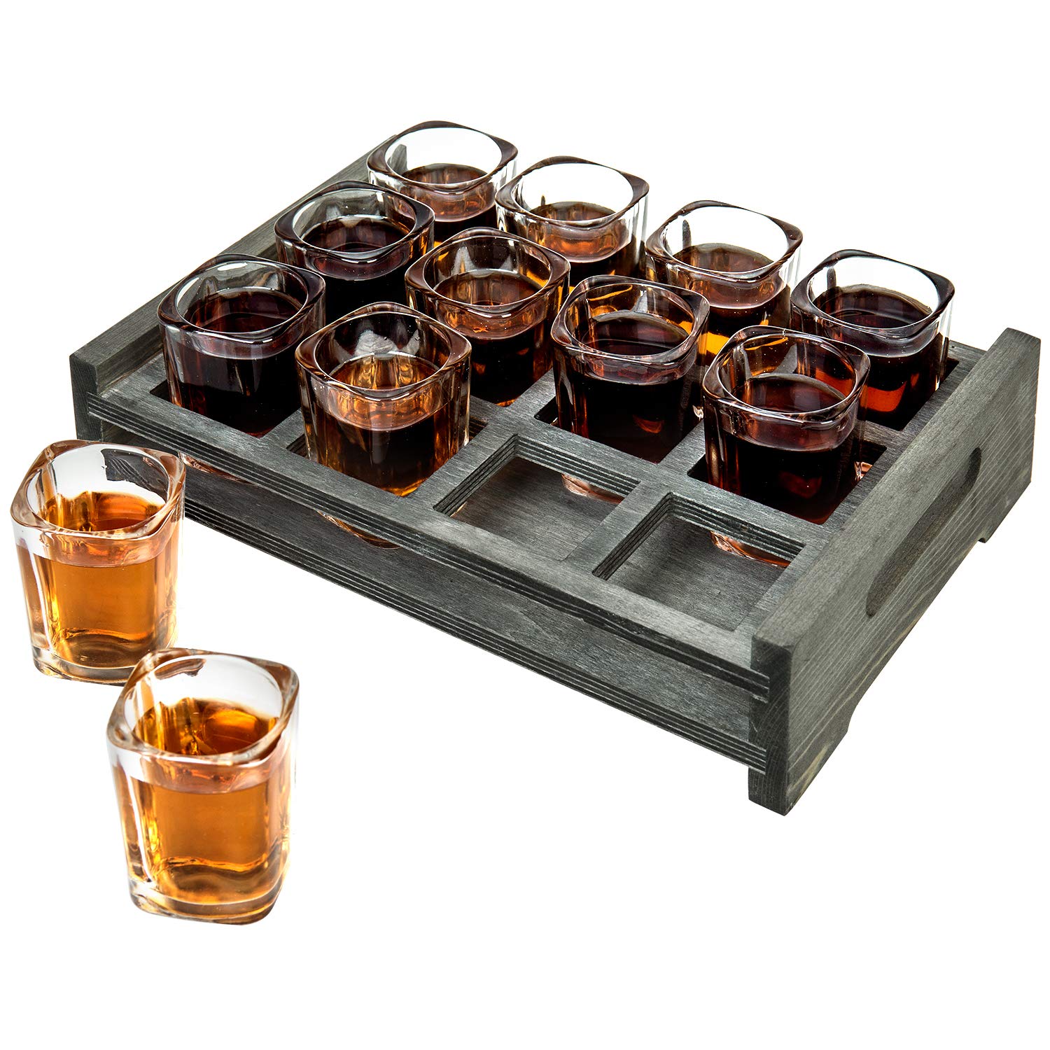 MyGift 12 Shot Glass Set Party Server with Vintage Gray Wood Tray, Shot Glasses for Tequila Whiskey Vodka Spirit Liquor