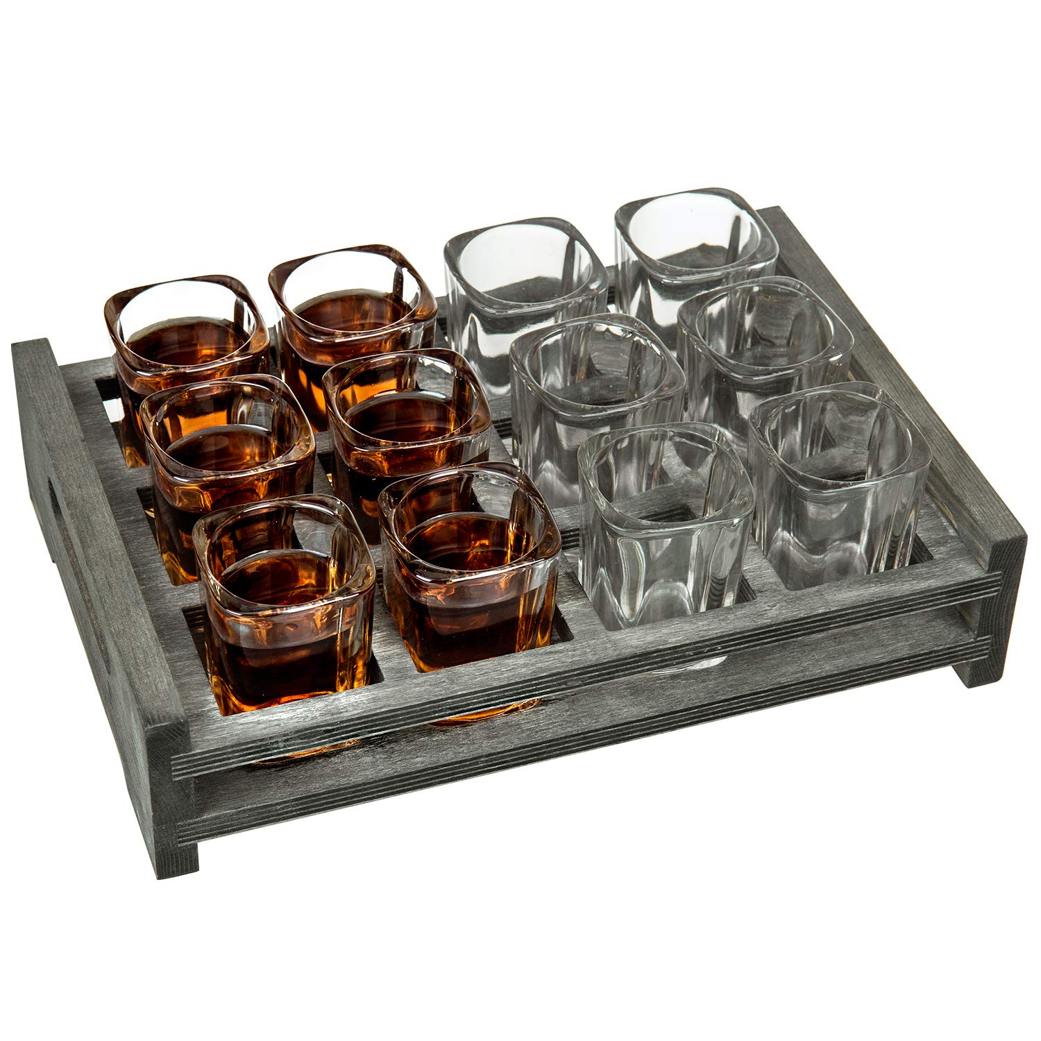 MyGift 12 Shot Glass Set Party Server with Vintage Gray Wood Tray, Shot Glasses for Tequila Whiskey Vodka Spirit Liquor