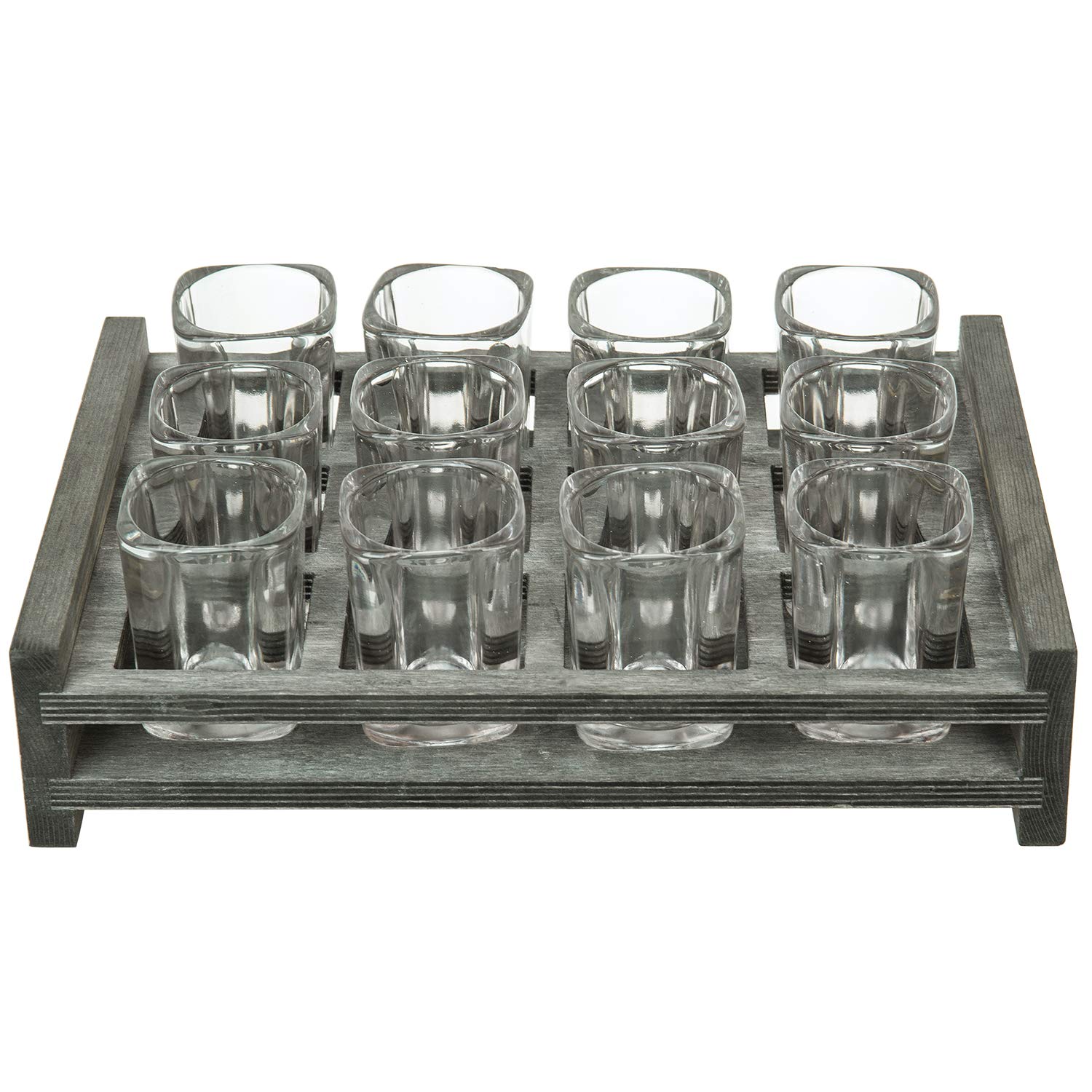 MyGift 12 Shot Glass Set Party Server with Vintage Gray Wood Tray, Shot Glasses for Tequila Whiskey Vodka Spirit Liquor