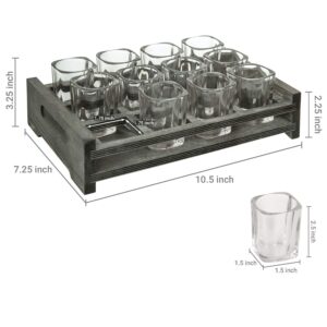 MyGift 12 Shot Glass Set Party Server with Vintage Gray Wood Tray, Shot Glasses for Tequila Whiskey Vodka Spirit Liquor